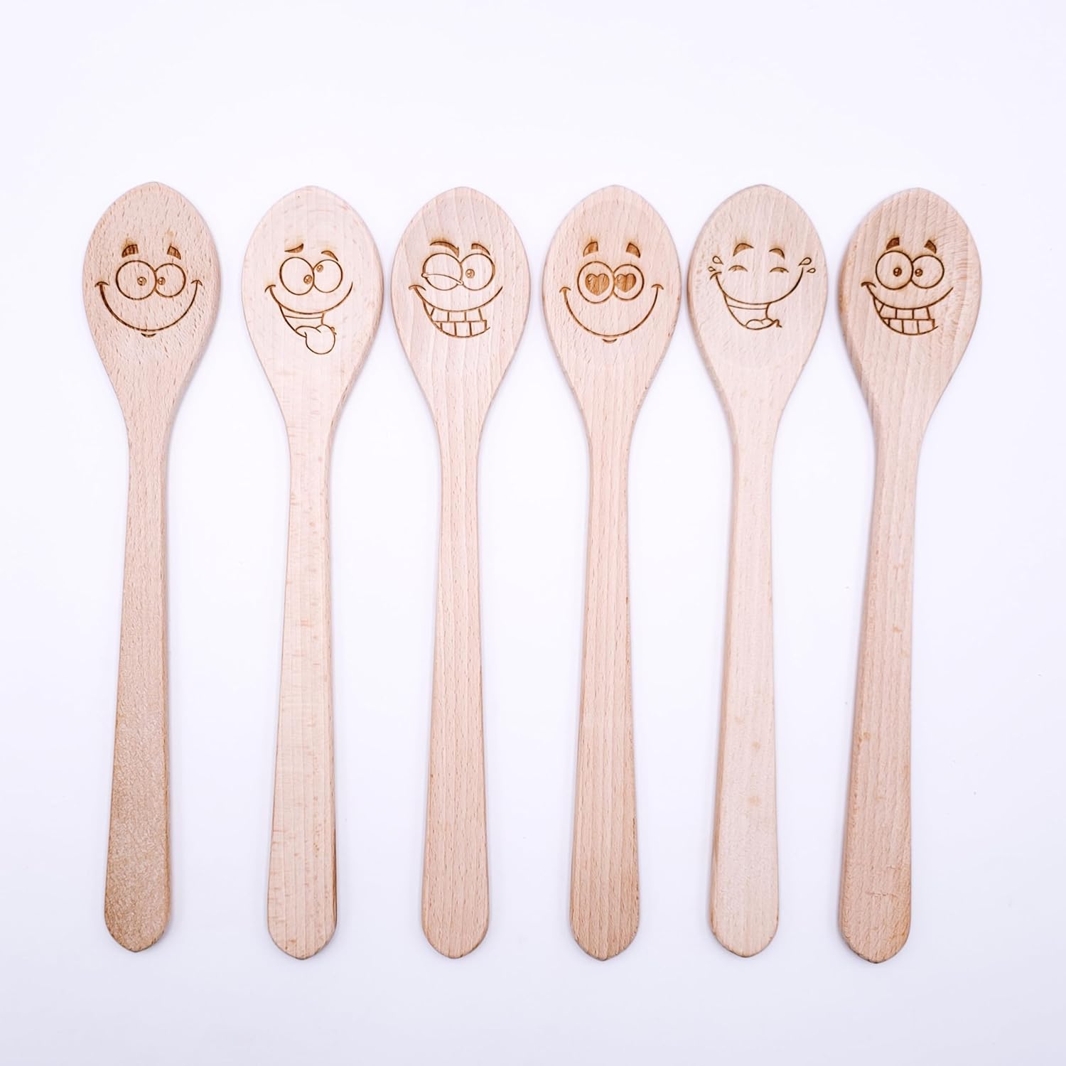Beech Cooking Spoons with Laser Cut Motifs - Goofy Faces (Set of 6 ...
